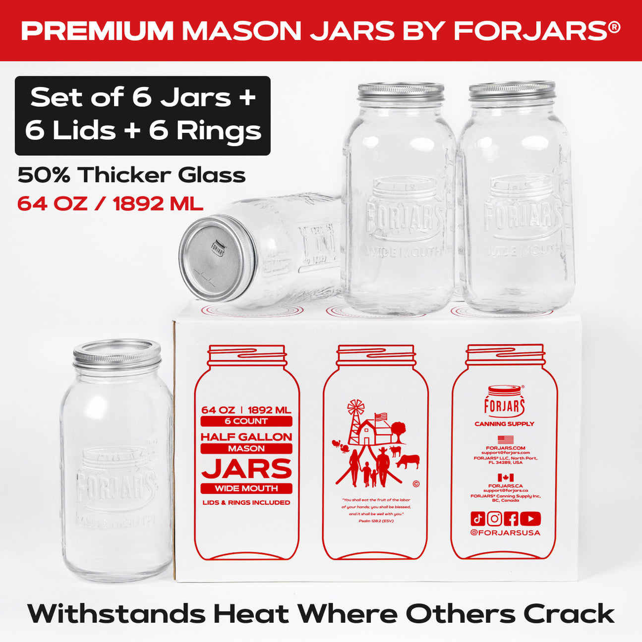 Premium Mason Jars – 64 oz (6-Pack) | Wide Mouth Glass Canning Jars ...