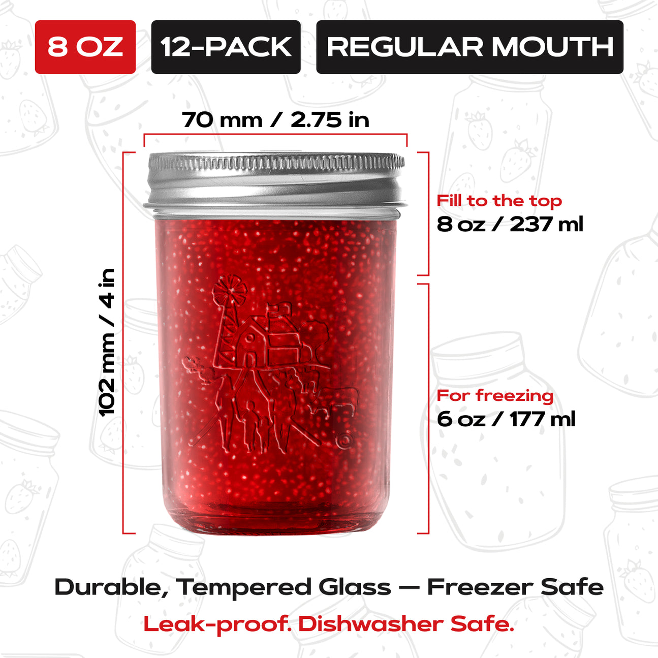 Premium Mason Jars – 8 oz (12-Pack) | Regular Mouth Glass Canning Jars ...